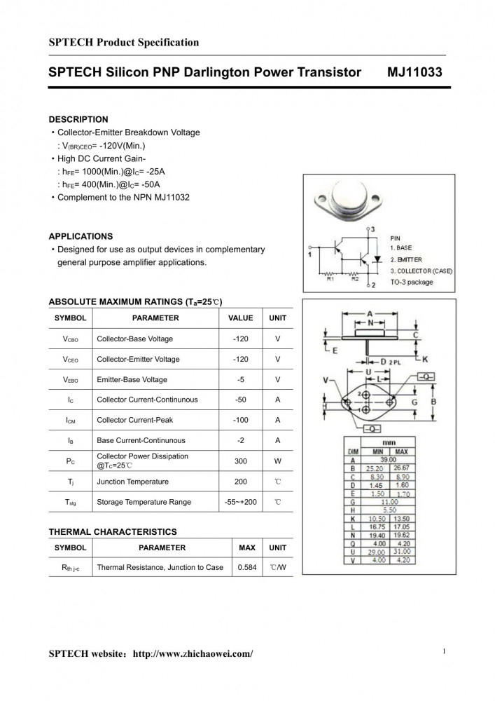 SPTECH MJ11033 datasheet page 1