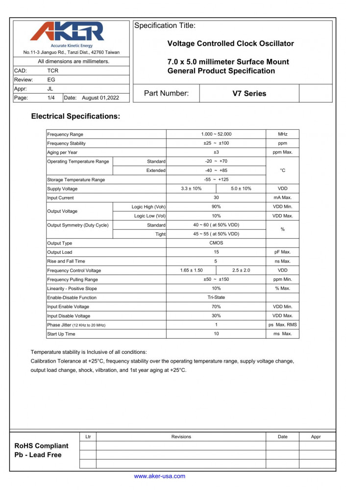 AKER V7 series VCXO datasheet page 1