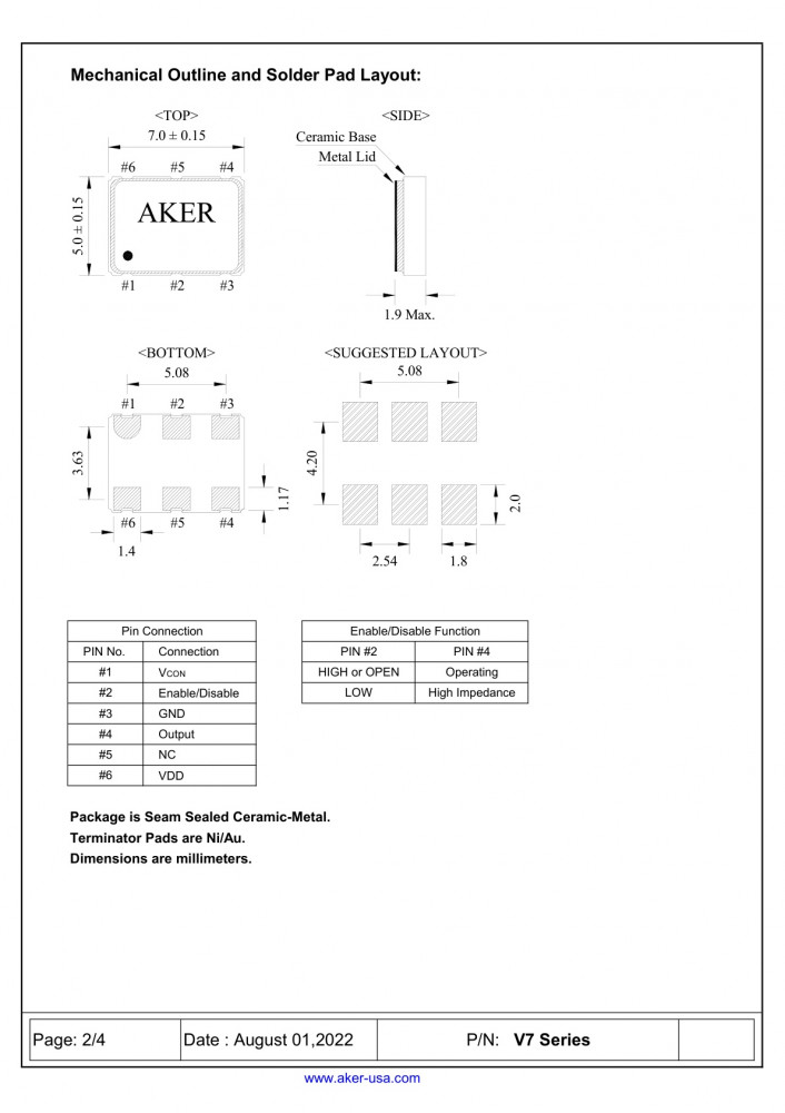 AKER V7 series VCXO datasheet page 2