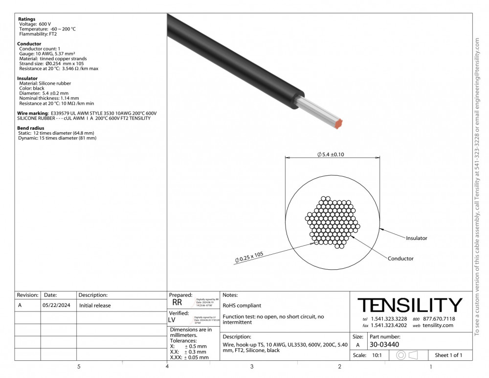 Technical drawing for Tensility International wire model 30-03440