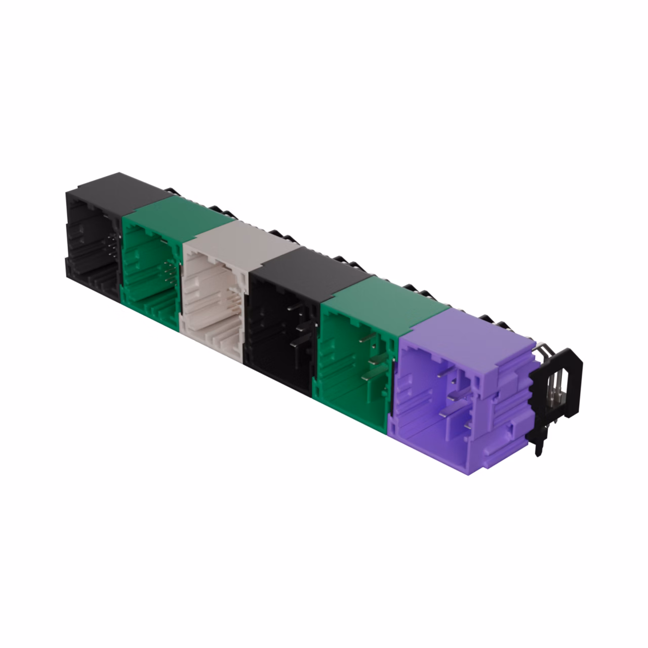 stAK50h 6 Bay Right-Angle Hybrid Header, 105 Circuits, Bay 1: 23 Circuits/Key 1/Dark Gray; Bay 2: 23 Circuits/Key 2/Green; Bay 3: 23 Circuits/Key 3/Gray; Bay 4: 12 Circuits/Key 1/Black; Bay 5: 12 Circuits/Key 2/Green; Bay 6: 12 Circuits/Key 3/Purple; Tube for sale