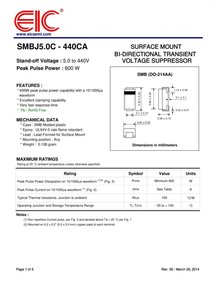 EIC SMBJ series datasheet page 1