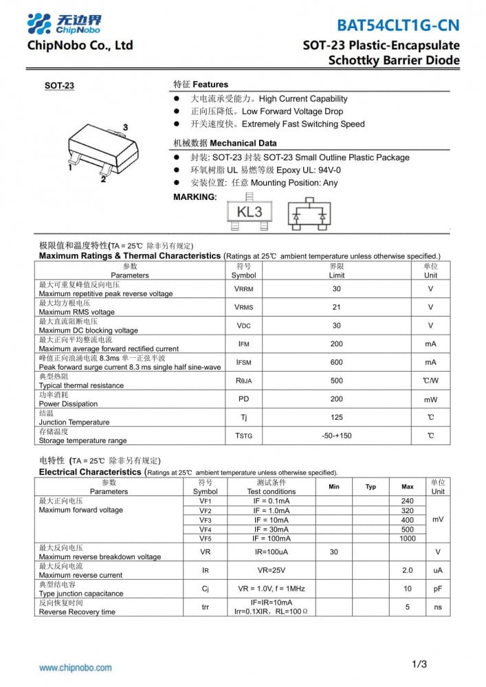 BAT54CLT1G-CN datasheet page 1
