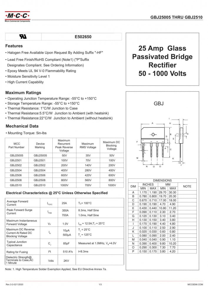 GBJ2510-BP datasheet page 1