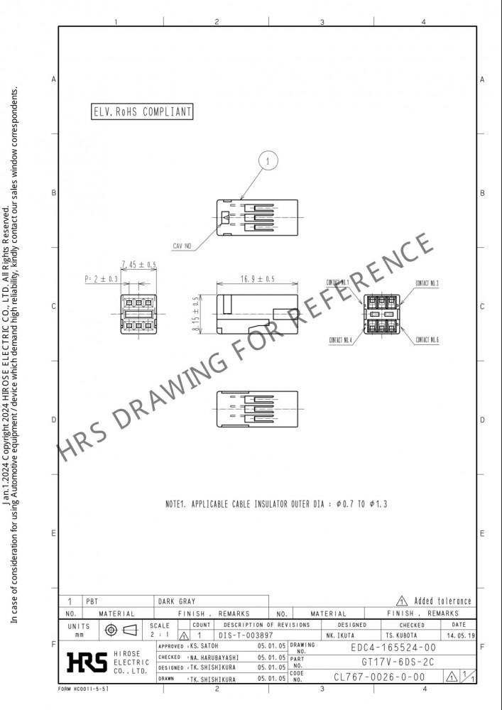 HRS GT17V-6DS-2C technical drawing