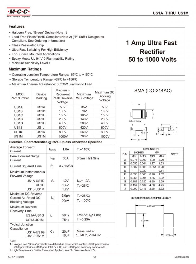 MCC US1D-TP datasheet page 1