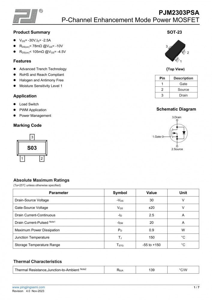 PJM2303PSA datasheet page 1