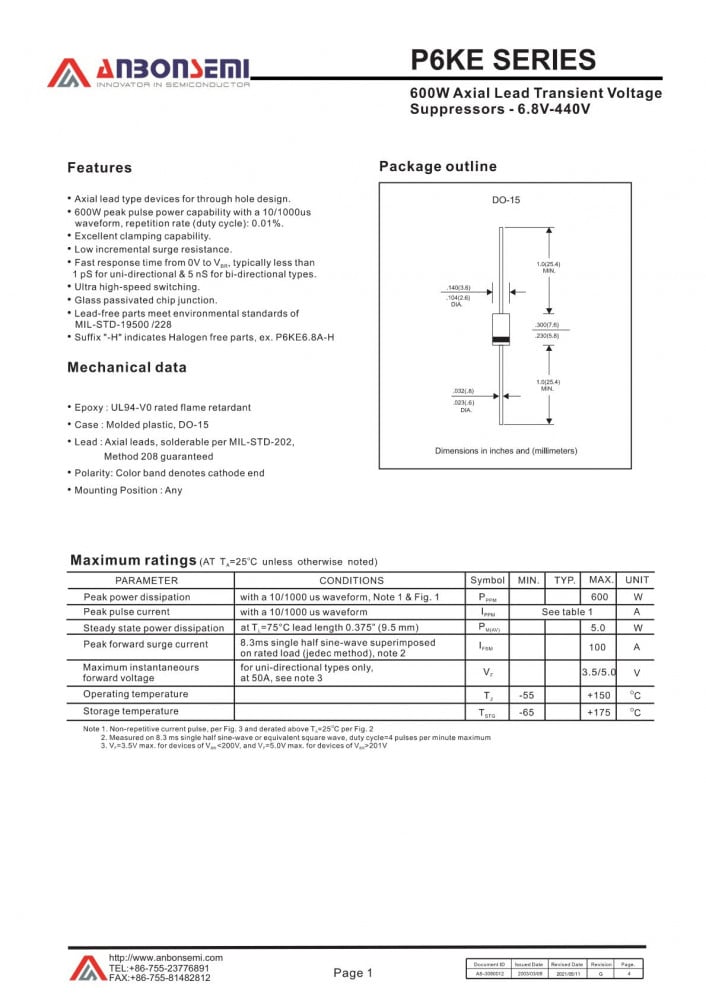 AnBon P6KE series datasheet page 1