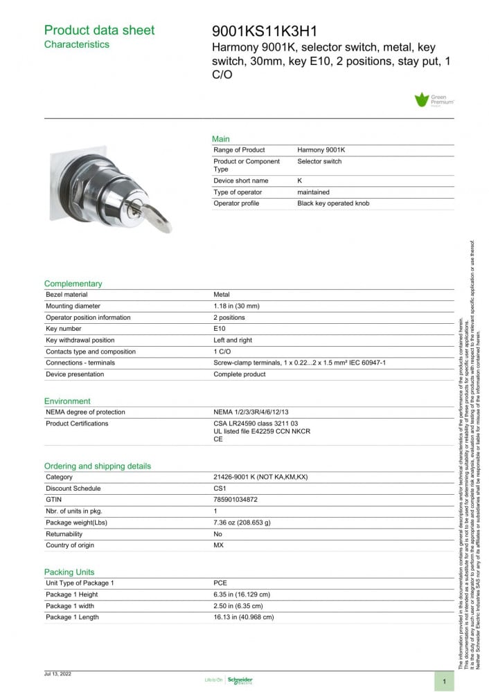 9001KS11K3H1 technical document page 1