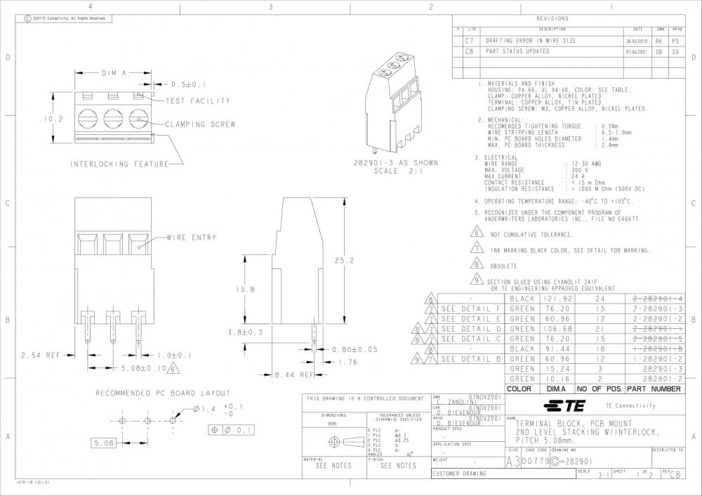 TE Connectivity 282901-2 controlled drawing page 1