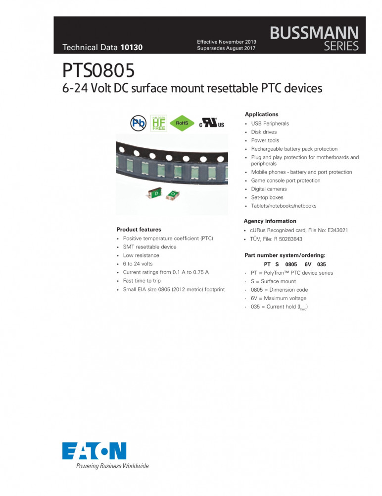 Eaton PTS0805 datasheet page 1