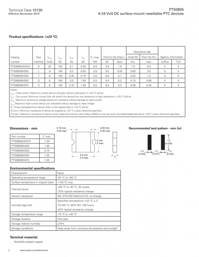 Eaton PTS0805 datasheet page 2