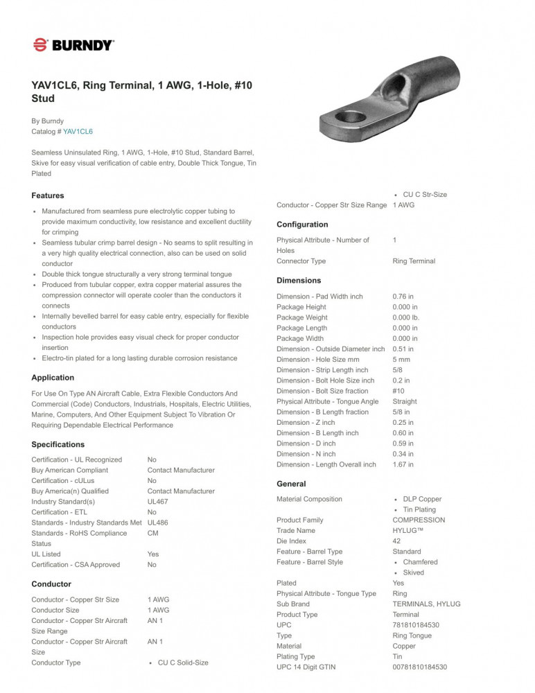 Burndy YAV1CL6 product documentation page 1