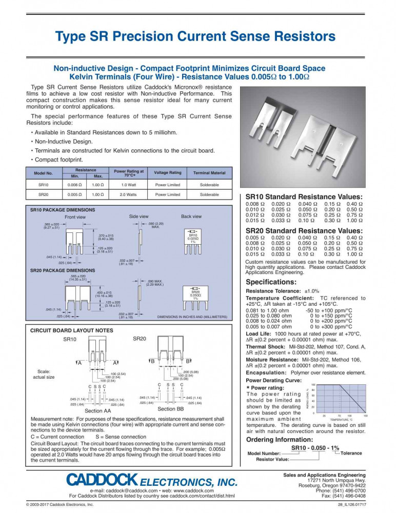 Caddock Type SR precision current sense resistor datasheet page