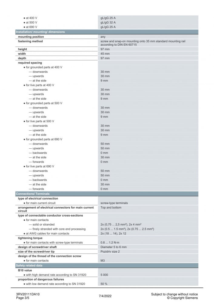 3RV20111DA10 datasheet page 3