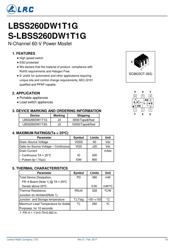 LBSS260DW1T1G technical document, page 1