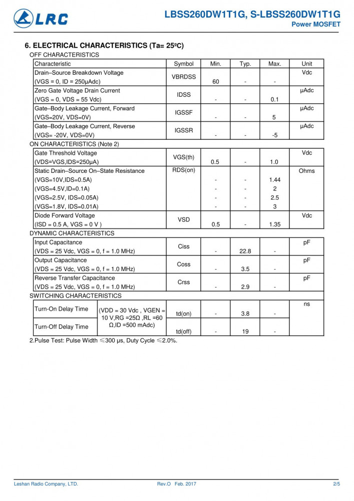 LBSS260DW1T1G technical document, page 2