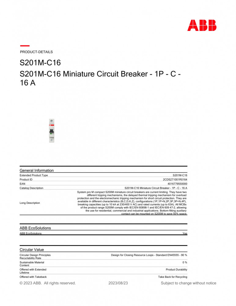 ABB S201M-C16 technical document page 1