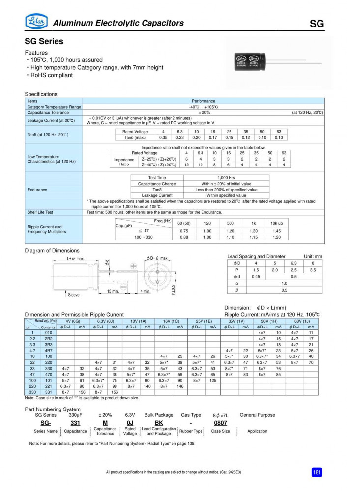 Lelon SG series technical datasheet page