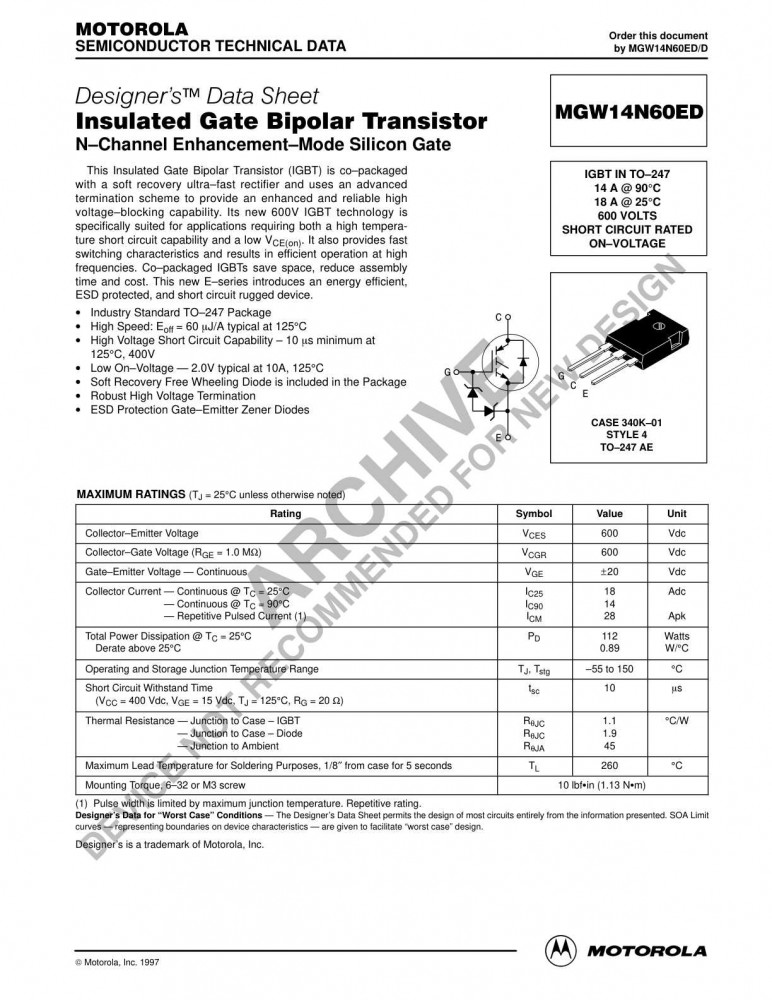 MGW14N60ED datasheet page 1