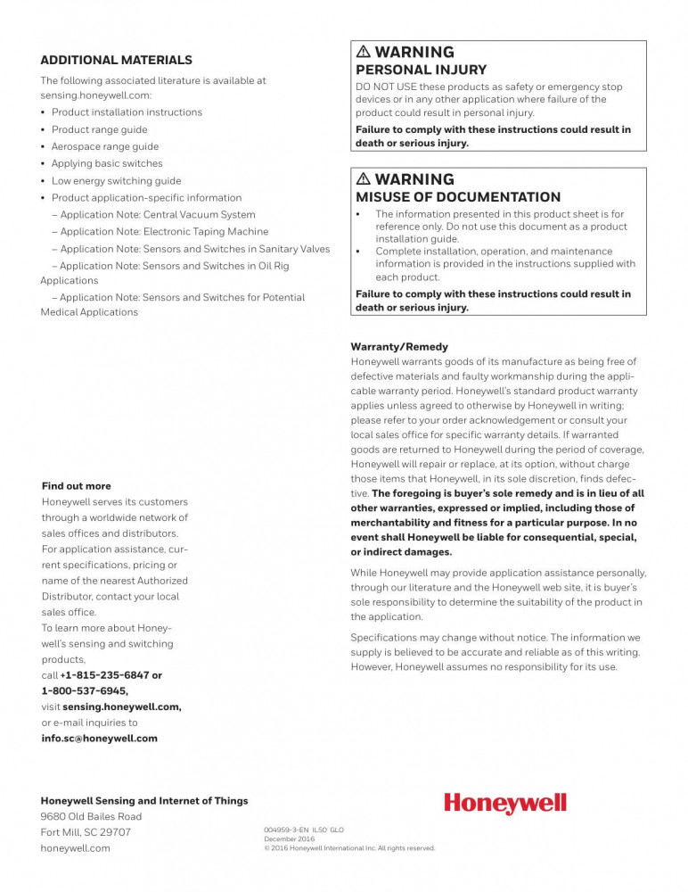 Honeywell SM Series datasheet page 8