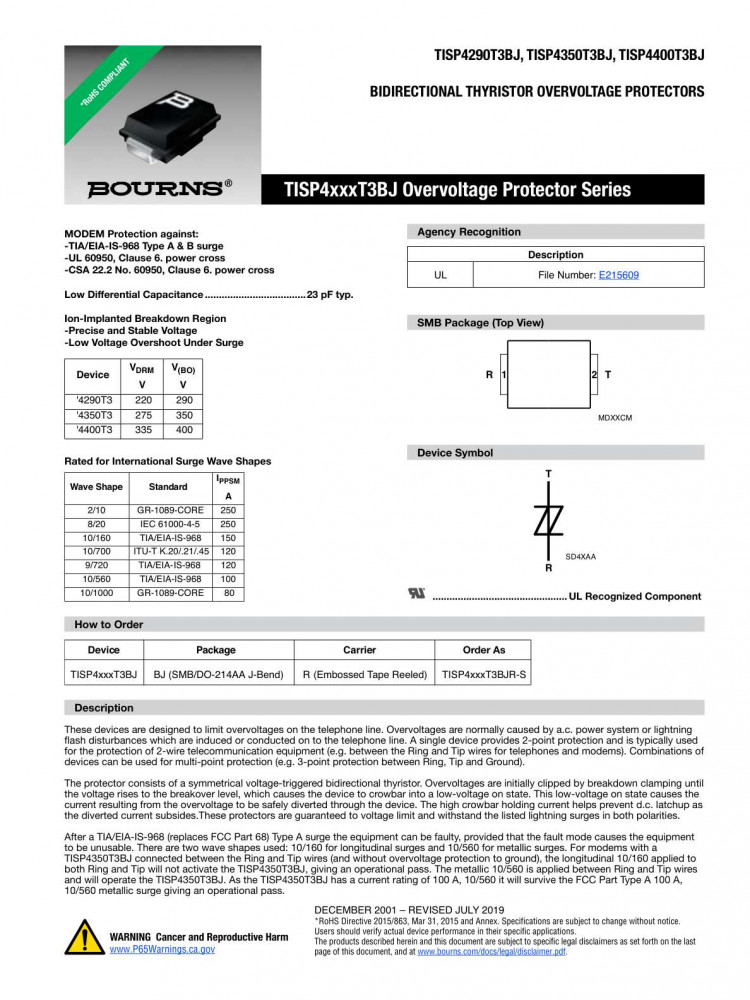 BOURNS TISP4290T3BJR-S datasheet page 1
