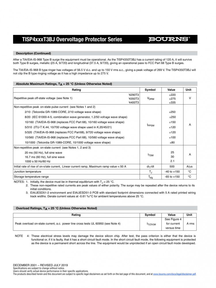 BOURNS TISP4290T3BJR-S datasheet page 2