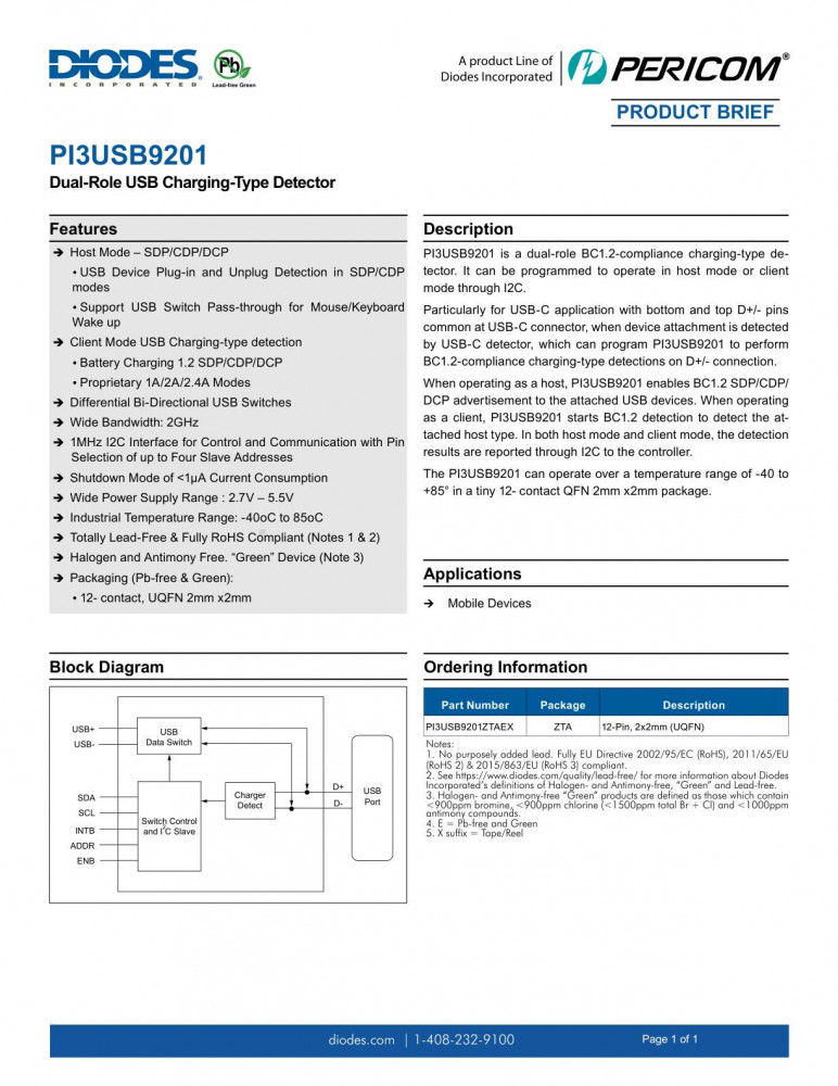 PI3USB9201 technical document preview