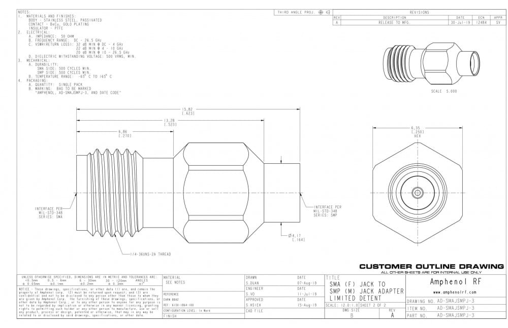 Amphenol AD-SMAJSMPJ-3 technical document preview