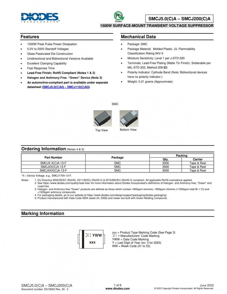 SMCJ11CA-13-F datasheet page 1