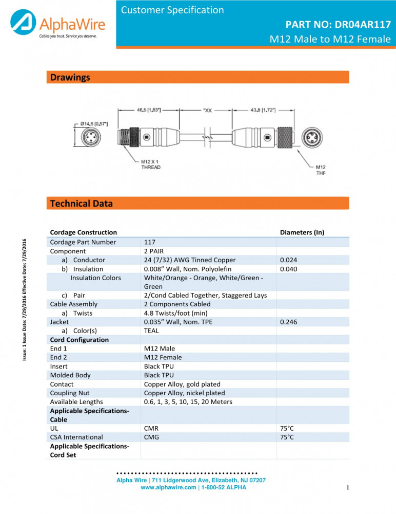 Alpha Wire DR04AR117 TL401 technical drawing and specification page