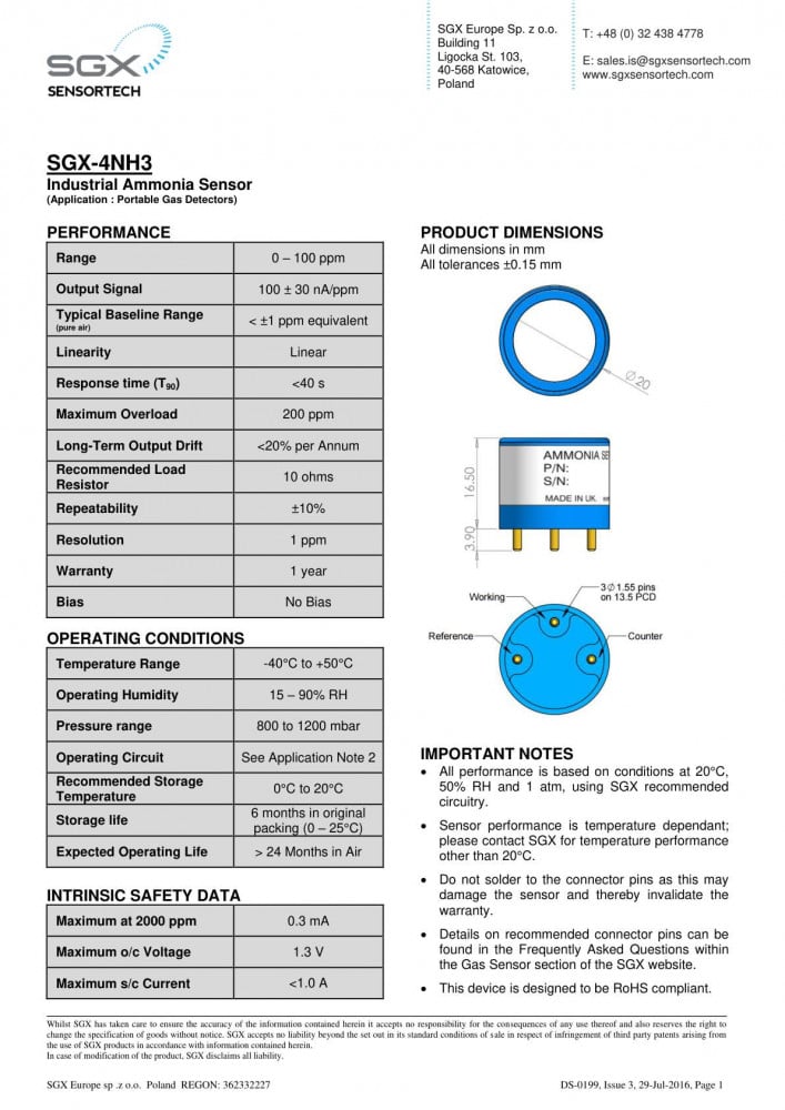 SGX-4NH3 technical document page 1