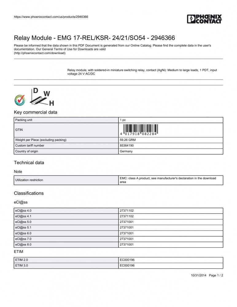 Phoenix Contact 2946366 technical document page 1