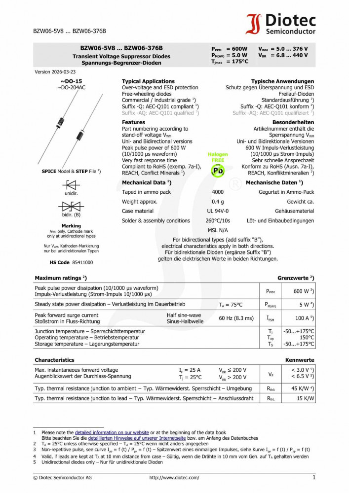 DIOTEC BZW06 datasheet page 1