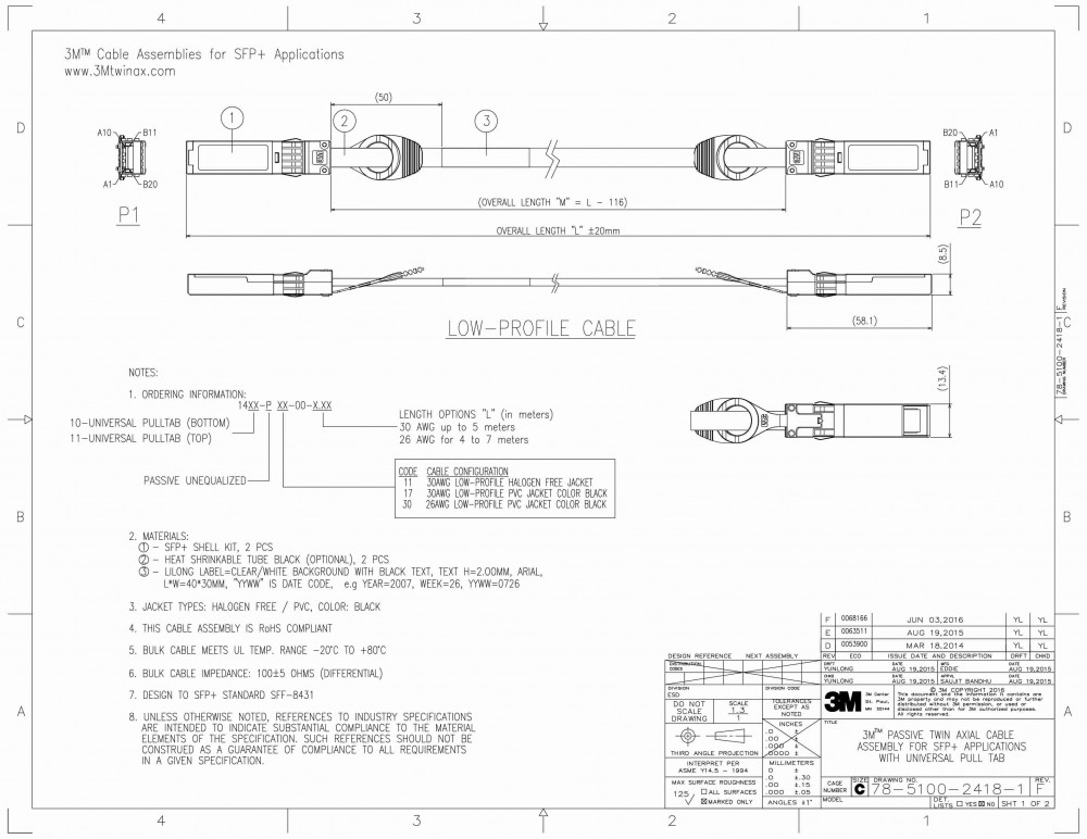 3M 1410 Series SFP+ cable assembly drawing and ordering information
