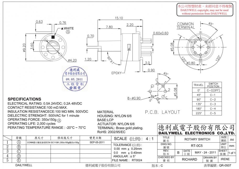 Dailywell RT-0C5 technical drawing and specification page