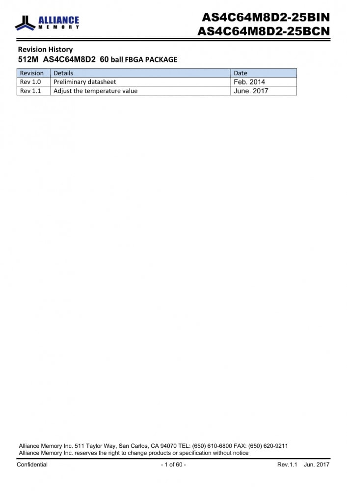 AS4C64M8D2 datasheet page 1