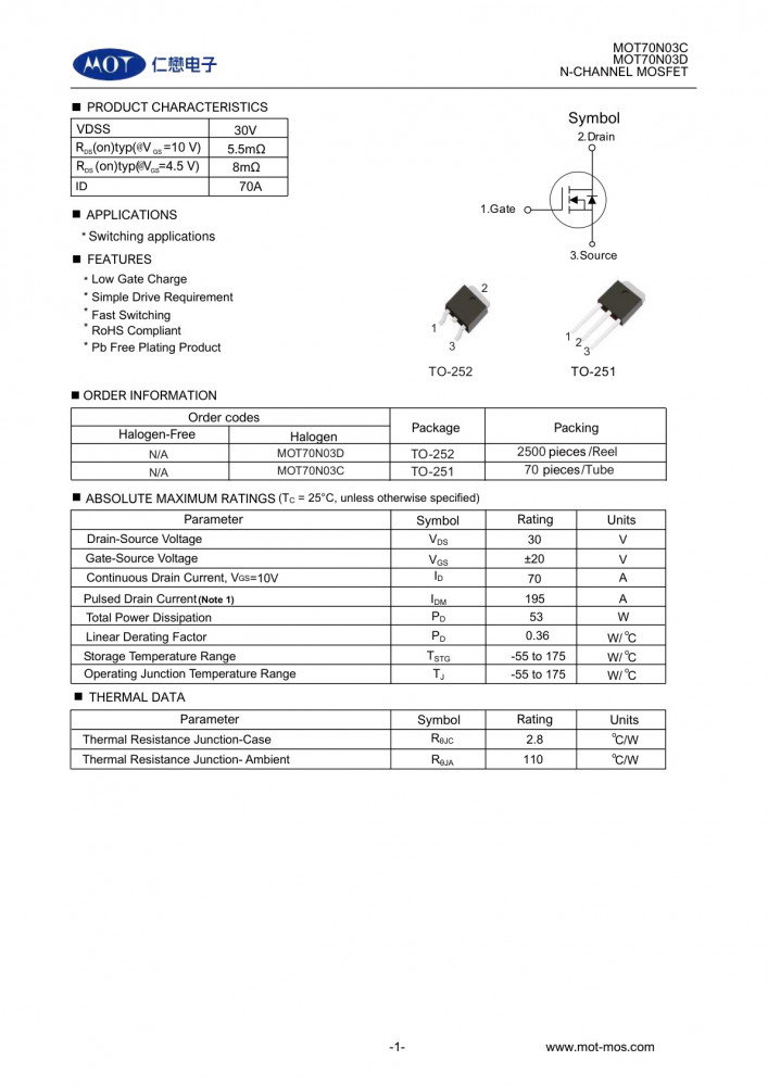 MOT70N03D datasheet page 1