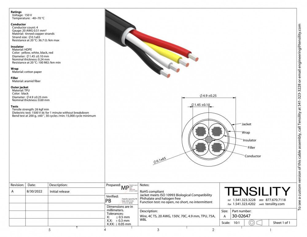 Tensility International product drawing for cable model 30-02647