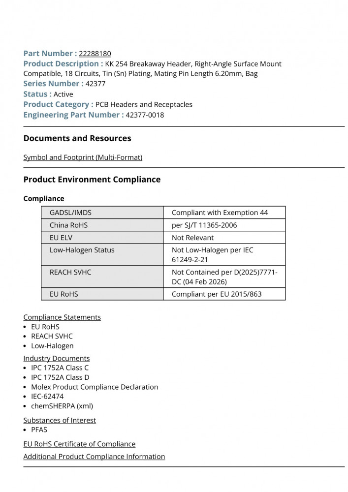 MOLEX 22288180 document image, page 1