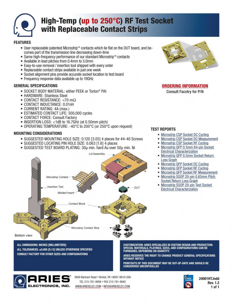 Aries Electronics 24001HT high-temperature RF test socket document preview