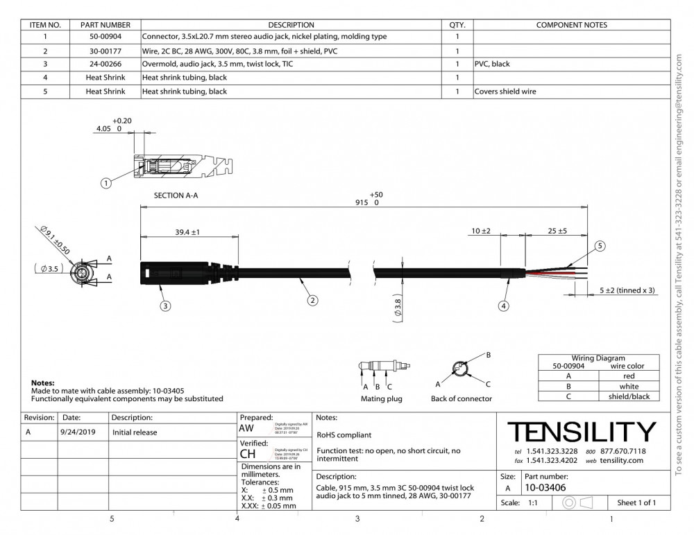 Tensility International 10-03406 product drawing and wiring information