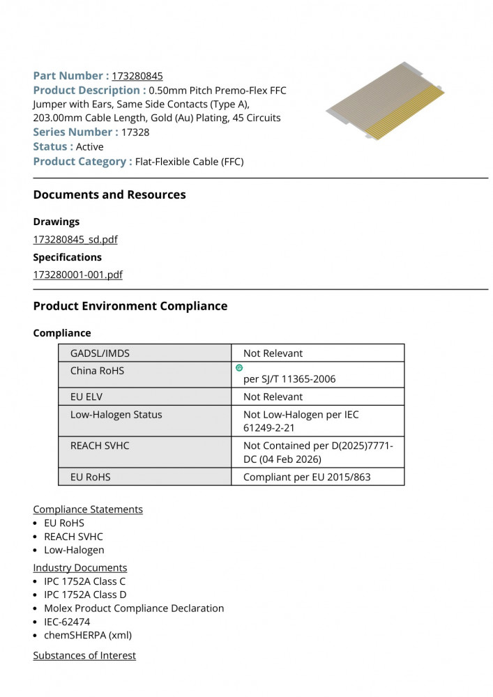 Technical document page 1 for MOLEX 173280845