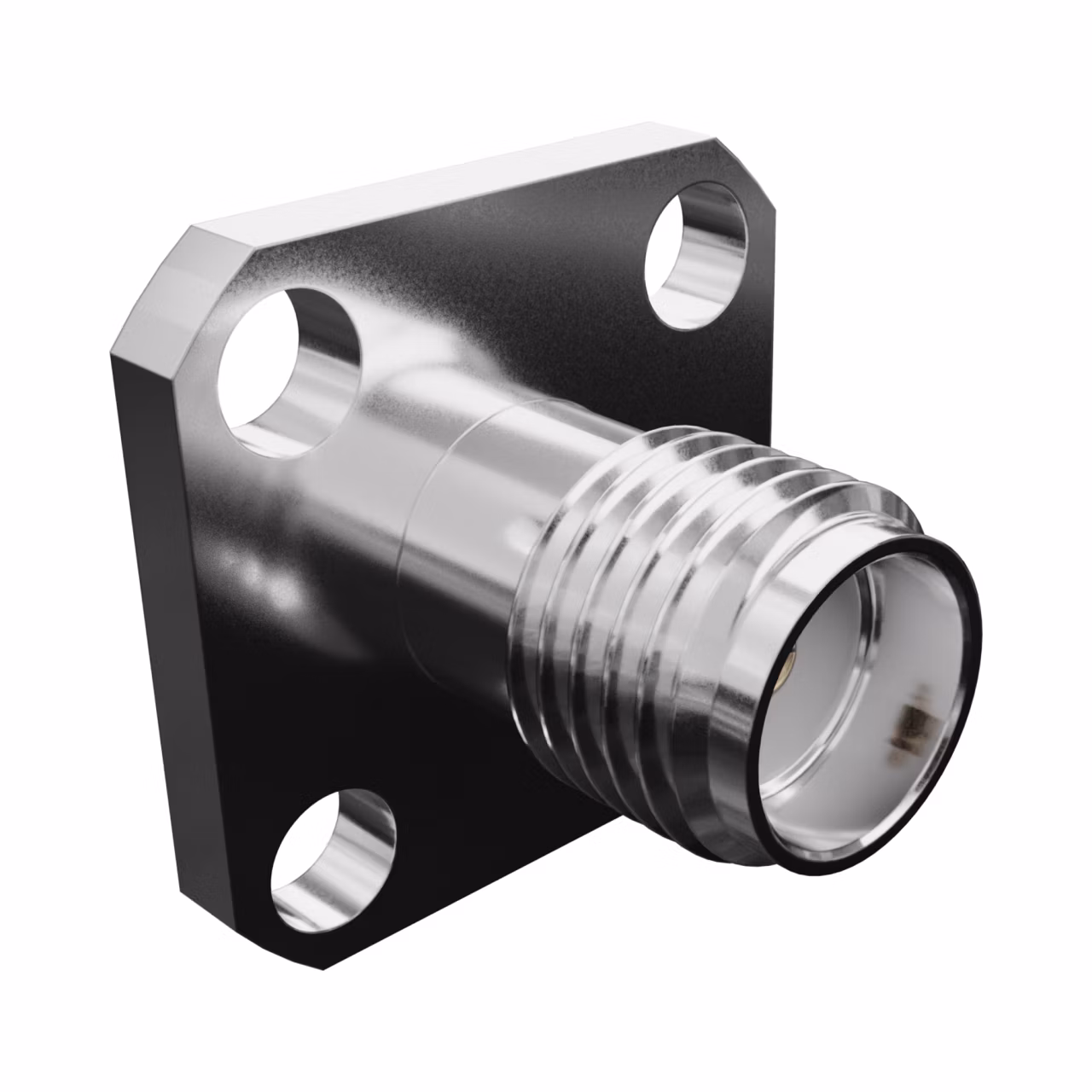 SMA Jack, Straight, 4-Hole Flange Mount, Flat Tab Contact, Stainless Steel Body, Passivated, 80 per Tray, 50 Ohms for sale