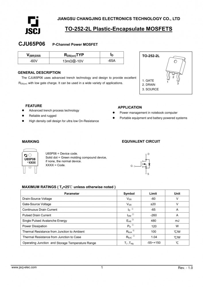 CJU65P06 datasheet page 1