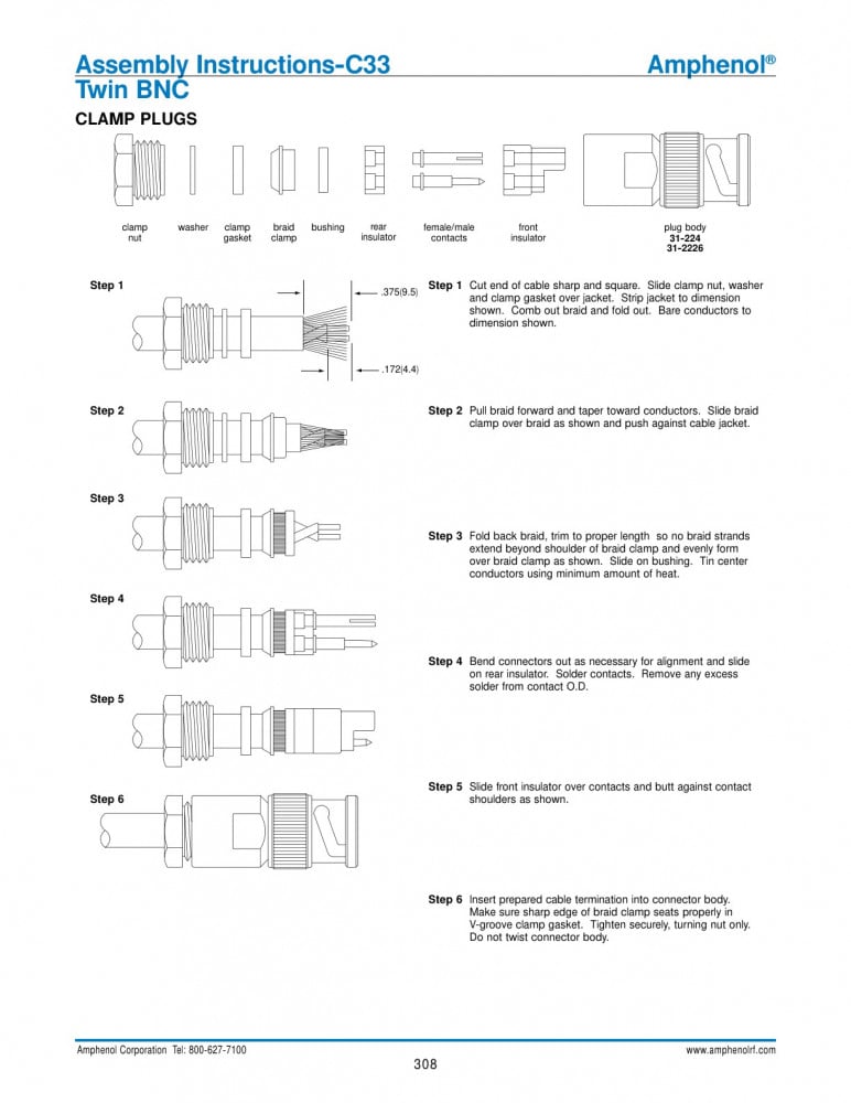 Amphenol C33 Twin BNC assembly instruction for model 31-224